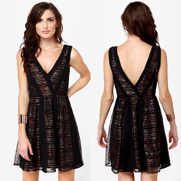 SYLK | Dresses | Sylk Black Gold Metallic Vneck Fit And Flare Dress ...